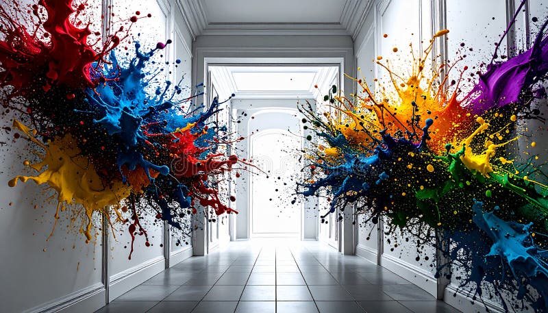 Slow Motion Paint Explosion on White Corridor. Generated Image Stock ...