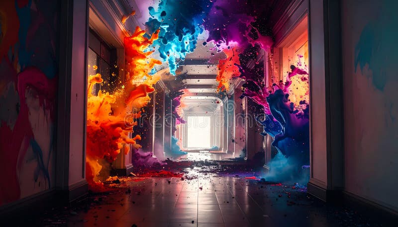 Slow Motion Paint Explosion on White Corridor. Generated Image Stock ...