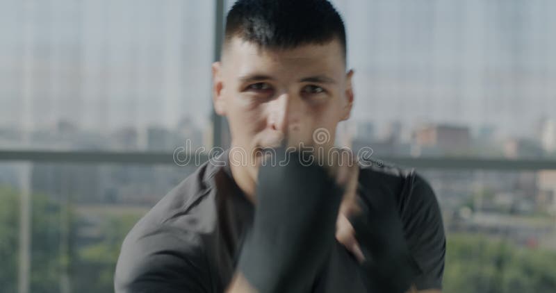 Slow Motion Portrait of Professional Kickboxer Shadow Fighting Training ...