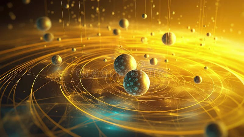 Slow Motion of Quantum Mechanics Physical Particles, Yellow Background ...