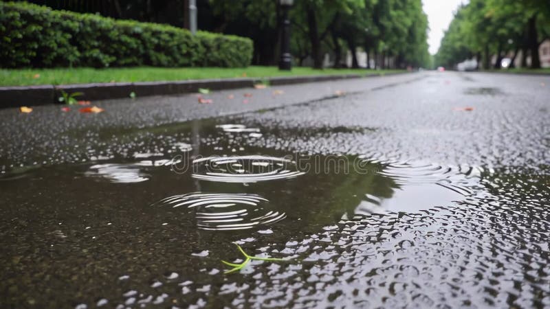 Slow Motion Raindrops Creating Expanding Ripples in Puddle Stock ...