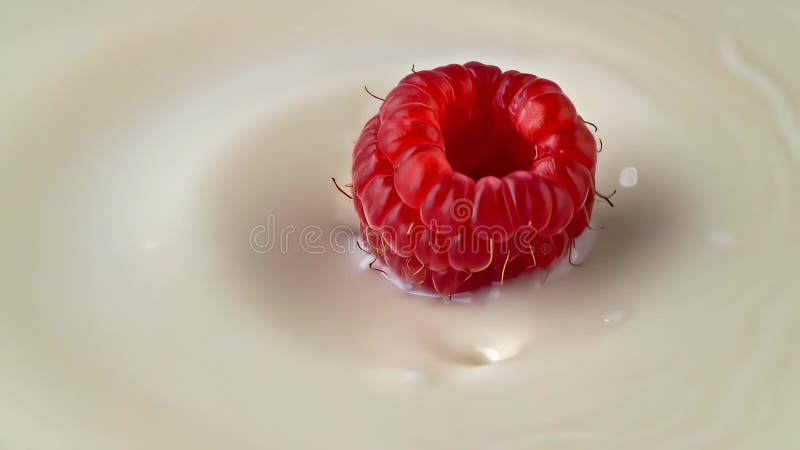 Slow Motion Raspberry Drop Splashing Gently into Creamy White Fresh ...