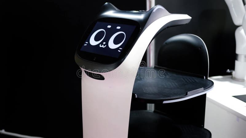 Slow Motion of Robot with Digital Cat Face Stock Video - Video of cafe ...