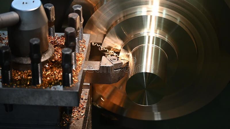 Slow Motion Scene the Lathe Machine Finish Cut the Brass Parts by Chip ...