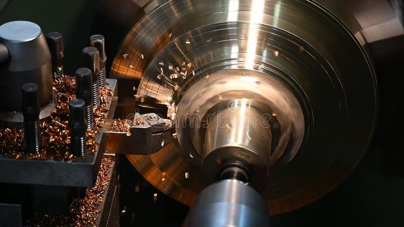 Slow Motion Scene Operation of Lathe Machine Cutting the Brass Material ...