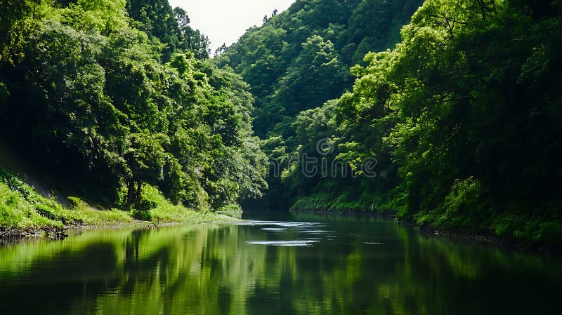 A Slow-moving River Meandering through a Lush Green Forest Stock ...