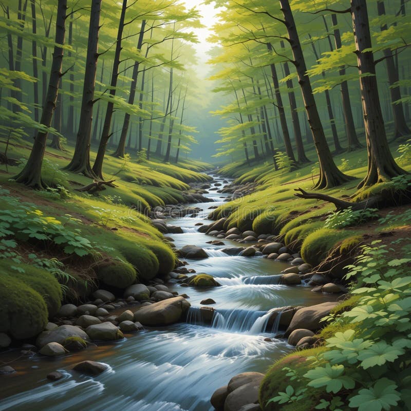 A Slow-moving Stream Winding through a Forest Glade Stock Illustration ...