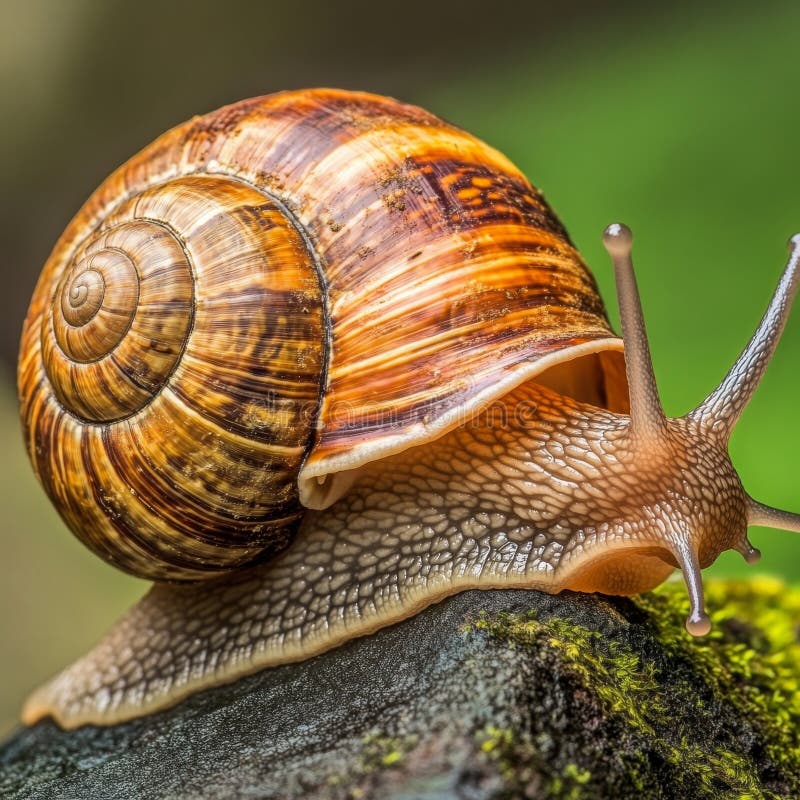 The Slow Pace of Nature is Exemplified by a Snail Resting on Moss with ...