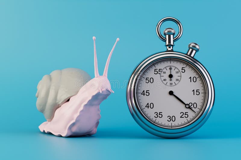Slow Passage of Time. a Snail Next To a Stopwatch on a Turquoise ...