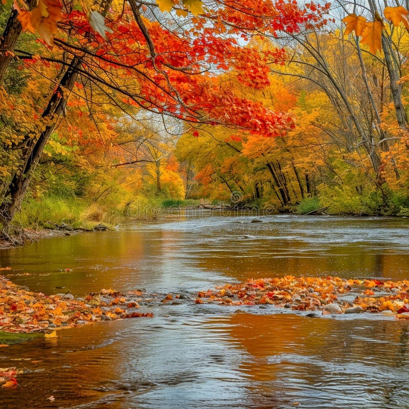 Slow river in fall stock illustration. Illustration of slow - 307284242