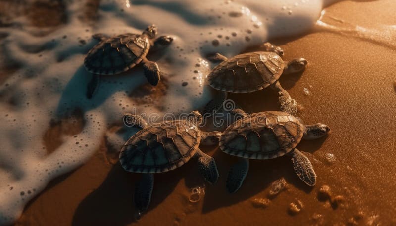 Slow Sea Turtle Crawls on Sandy Beach Generated by AI Stock ...