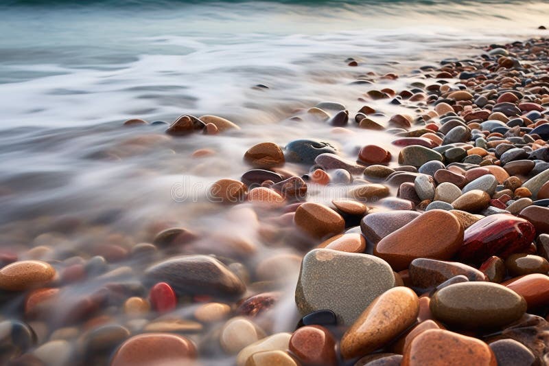 A Slow Shutter Shot of Waves Smoothly Rolling Over Pebbles Stock Photo ...