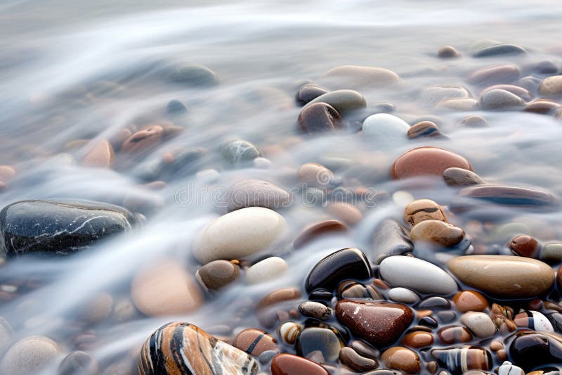 A Slow Shutter Shot of Waves Smoothly Rolling Over Pebbles Stock Photo ...