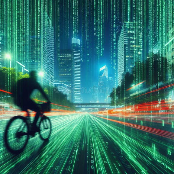 Slow Shutter Speed Matrix Code a Trailing Bike Amidst Green Digi Stock ...