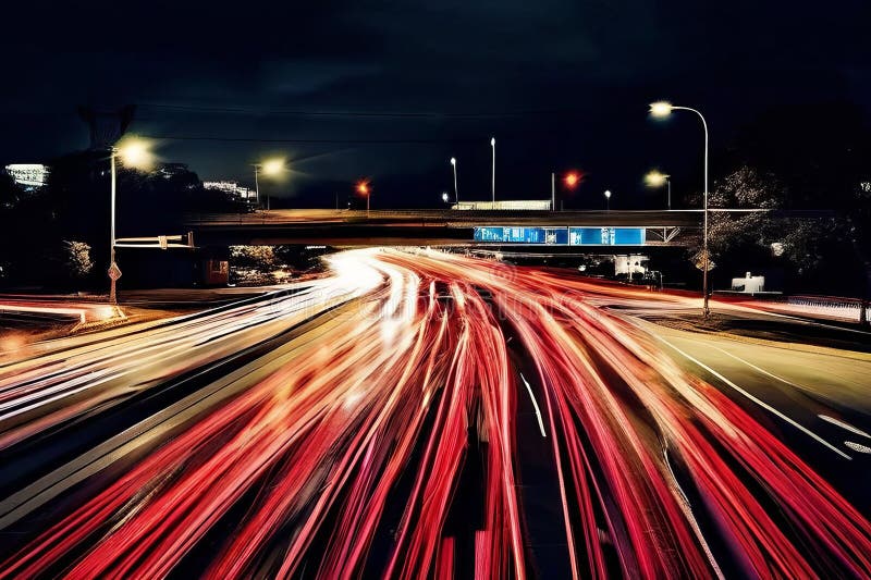 Slow Shutter Speed Traffic a View of a Busy Intersection with St Stock ...