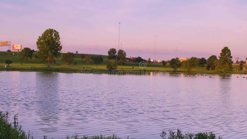 Slow Zoom Shot of a Pond with a Park and Purple Sky in the Background ...