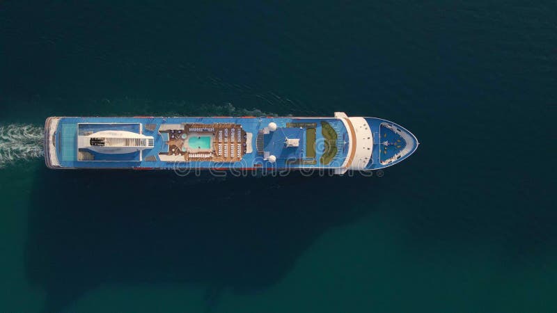 Slowmotion Aerial Video. Top Down View on a Bug Cruise Ship Moving in ...