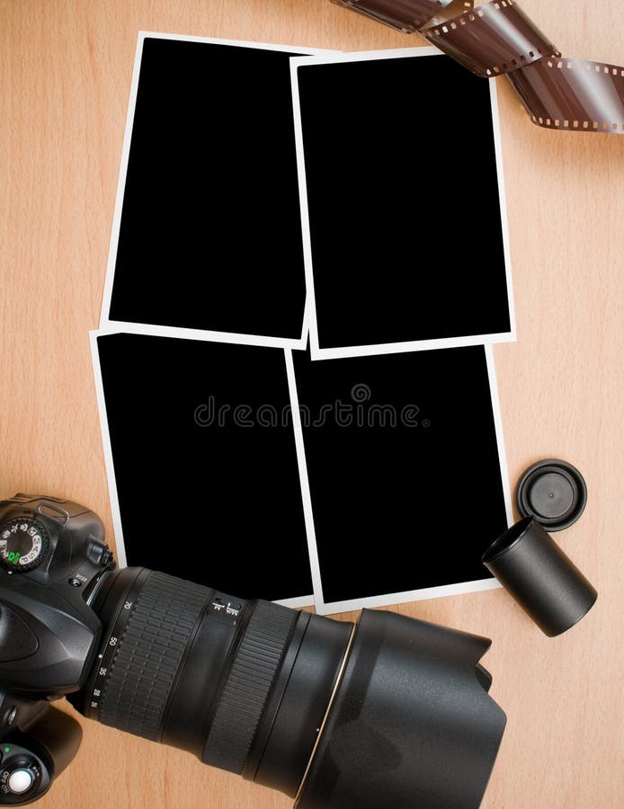 SLR Camera and Blank Photo Prints Stock Photo - Image of lens, close ...