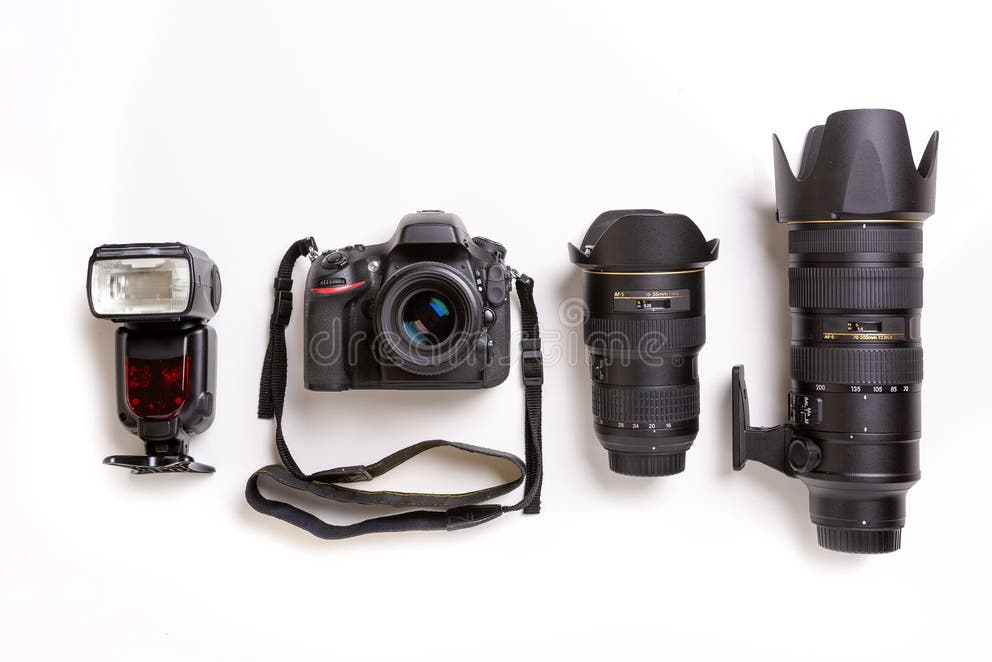 SLR Camera, Lenses and Flash on White Background Stock Image - Image of ...