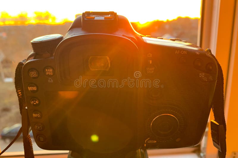 SLR Camera on Sunset Background Stock Photo - Image of sunset, film ...