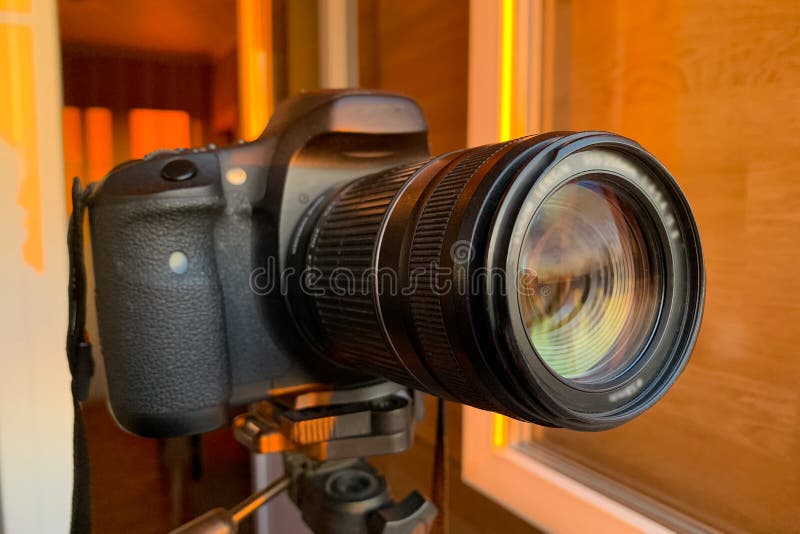 SLR Camera on Sunset Background Stock Photo - Image of camera, tripod ...