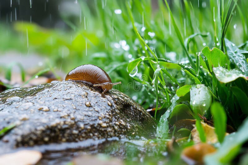 Slug on a Wet Surface Under Rainfall, Surrounded by Grass and Water ...