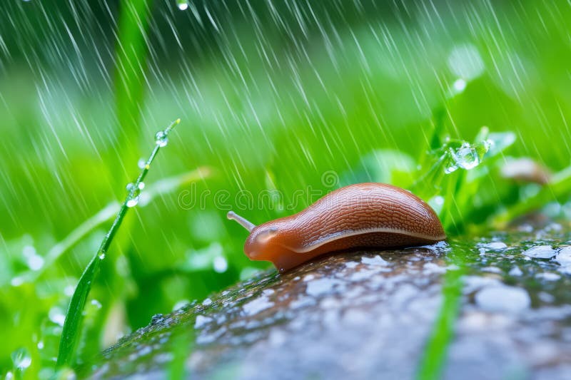 Slug on a Wet Surface Under Rainfall, Surrounded by Grass and Water ...
