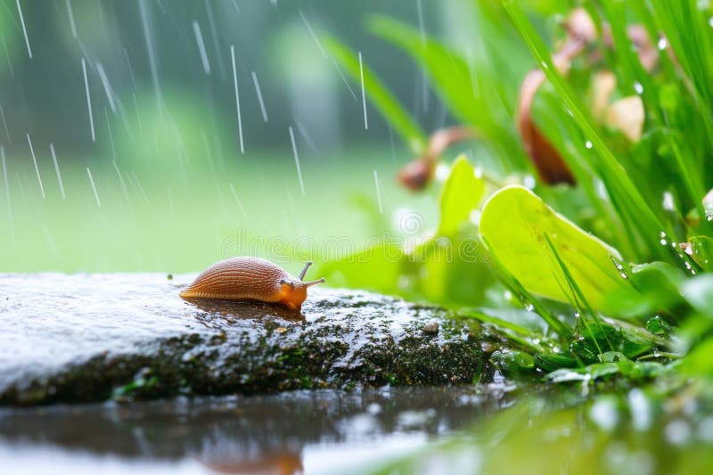 Slug on a Wet Surface Under Rainfall, Surrounded by Grass and Water ...