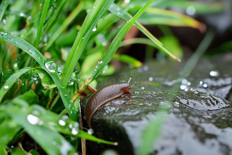 Slug on a Wet Surface Under Rainfall, Surrounded by Grass and Water ...