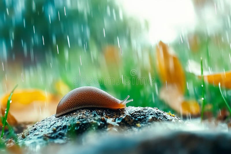 Slug on a Wet Surface Under Rainfall, Surrounded by Grass and Water ...