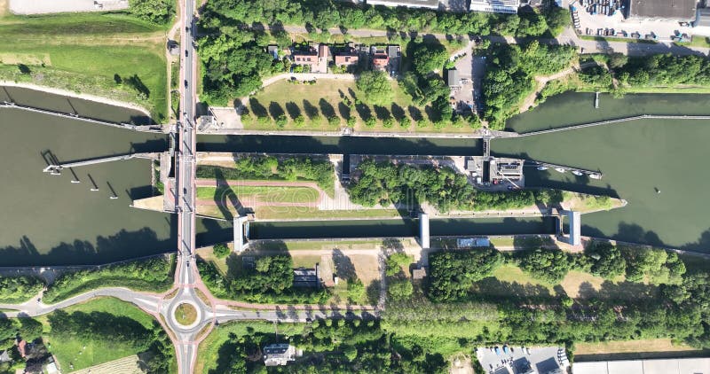 Sluice System, Lock for Inland Shipping Logisitcs. Aerial Top Down ...