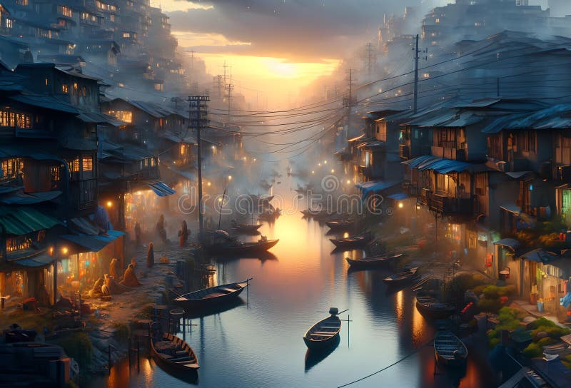 Slum area at sunset stock illustration. Illustration of capital - 317037167