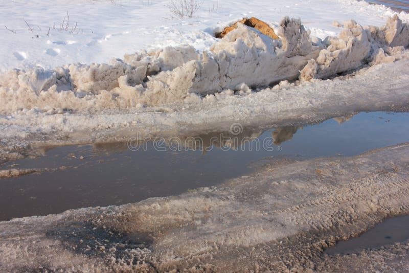 Slush on Road from Melting Snow, and a Large Puddle on the Road. Stock ...