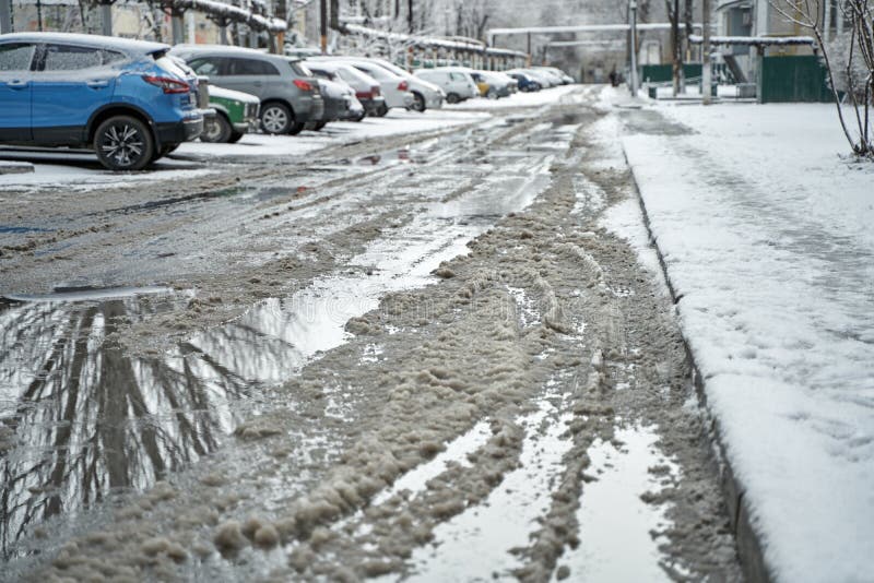 Slush on the Road during Winter Snowfall Stock Image - Image of ...