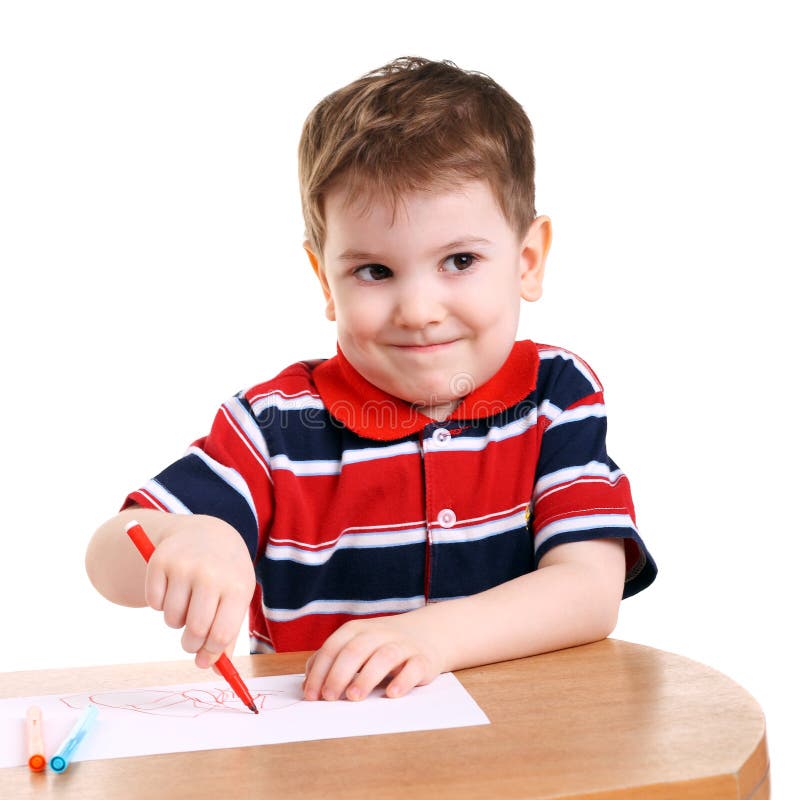 Cute Child Boy Drawing with Pencils in Preschool Stock Image - Image of ...