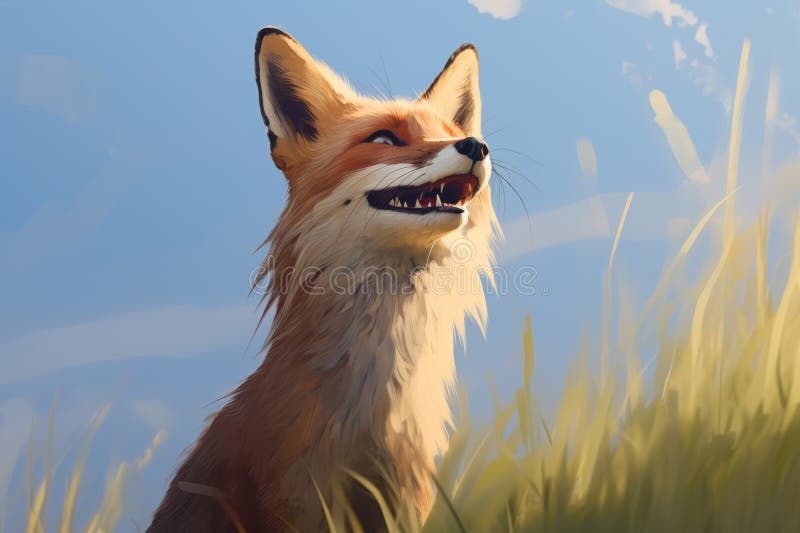 Sly Fox with Extended Snout and Upright Ears Gazing To the Side with a ...