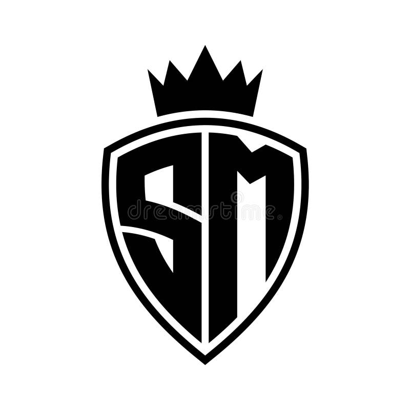 SM Letter Monogram Shield and Crown Outline Shape with Black and White ...
