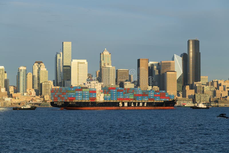 SM Line Container Ship Qingdao in Front of Seattle Skyline Editorial ...