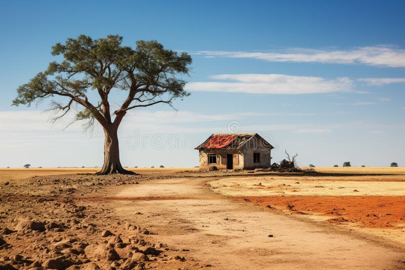 Small Abandoned House and Tree in the Savannah Stock Illustration ...