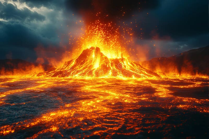 A Small Active Volcano Spews Lava and Fire, Creating a Dark Explosion ...