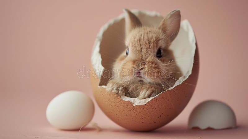 Cute Bunny Rabbit Peeking Out from a Cracked Easter Egg Shell on a ...