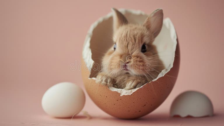 Cute Bunny Rabbit Peeking Out from a Cracked Easter Egg Shell on a ...