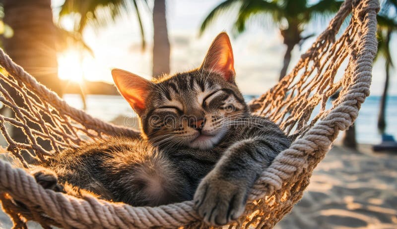 A Small Adorable Kitten is Resting in a Beach Hammock As the Sun Sets ...