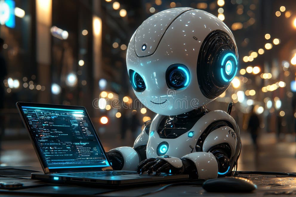 A Small, Adorable Robot Operating a Computer in a Digital Technology ...