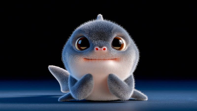 Cute Shark with Big Eyes and Fluffy Body Against a Black Background ...