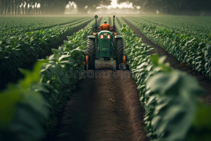 Small Agricultural Tractor Rides through Rows of Green Plants in Field ...