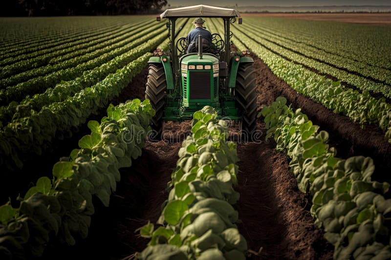 Small Agricultural Tractor Rides through Rows of Green Plants in Field ...