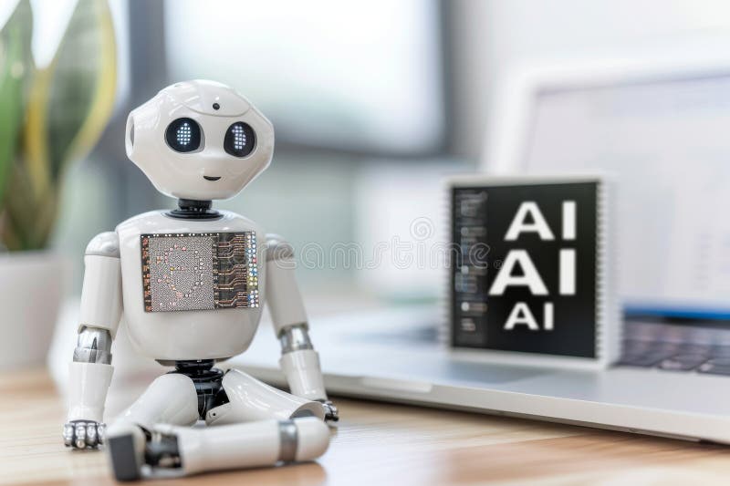 Small AI Robot on Desk with Laptop, Modern Technology, Digital ...