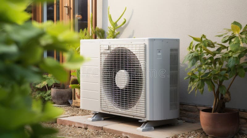 A Small Air Conditioner Sitting on the Side of a House Stock Image ...