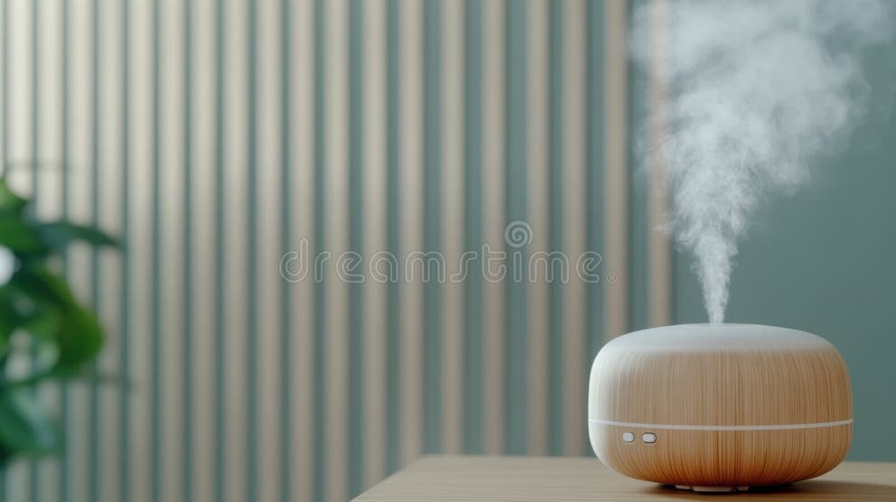 A Small Air Diffuser is Sitting on a Table with Steam Coming Out of it ...
